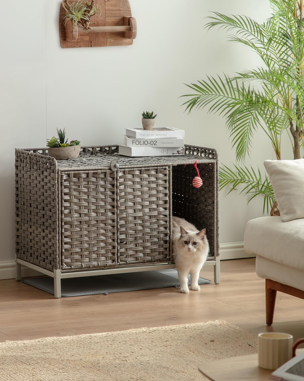 SETVSON Cat Litter Box Enclosure Cat Litter Box Furniture with Divider, Rattan Litter Box Enclosure with Cat Litter Mat, 31.2×19.6×24.2 Inches Hidden Cat Litter Box Cat House for Living Room (Gray)