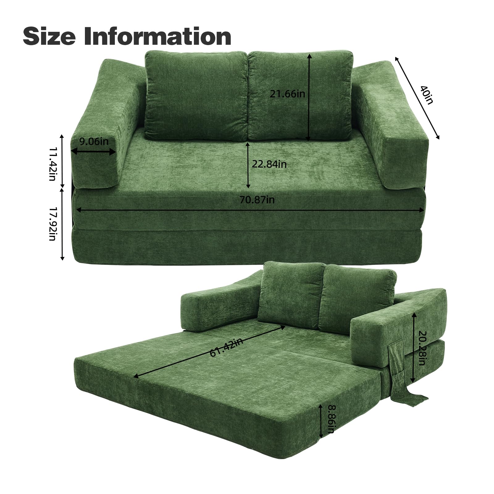 Modern Minimalist Sofa, Folding Sofa Bed, Convertible Sofa Floor Sofa Bed Lazy Sofa, Removable Back, Suitable for Living Room Bedroom Apartment Small Space (Green)