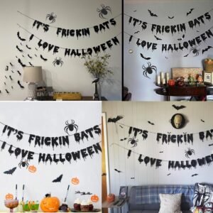 It's Frickin Bats I Love Halloween Banner Black Glitter with 3D Bats Sticker and Glitter Spider Stickers for Halloween Decor Halloween Theme Party Decorations Supplies Kit