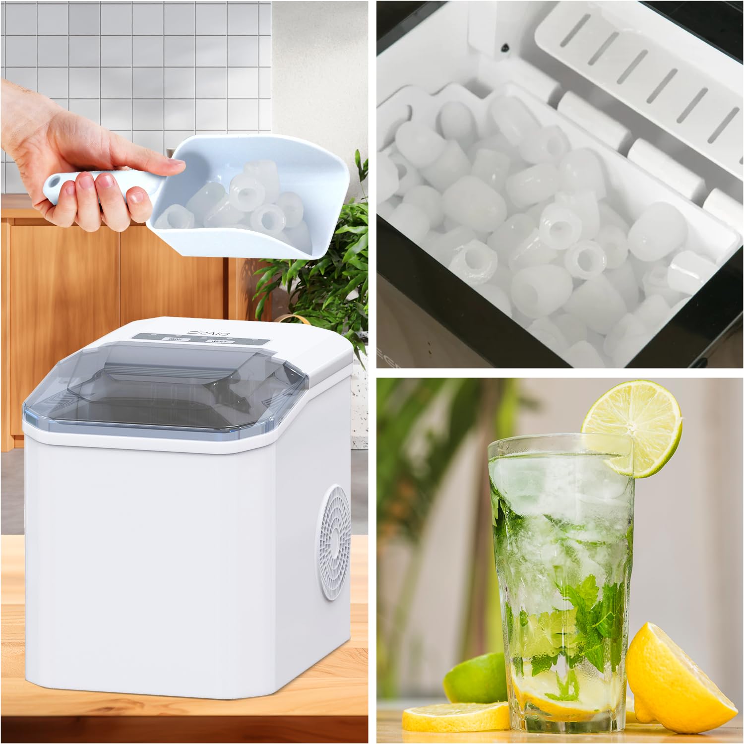 Craig CIM201 Countertop Ice Maker, 9 Cubes Ready in 6 Mins, 26lbs in 24Hrs, Ice Machine with Ice Scoop and Basket, Bullet Ice for Home/Camping/RV, Party, Just add Water