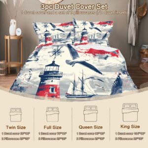 Nautical Dreams Duvet Cover Queen Size 3D Printed Duvet Cover Set Lighthouse Sailboat Seagull Voyage Exploration Bedding Set Home Decoration Comforter Cover Cozy Quilt Cover with 2 Pillowcases