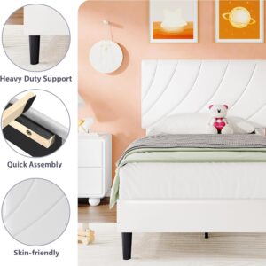 HOMBCK Twin Size Bed Frames with Headboard, Upholstered Twin Size Platform Bed Frame for Kids Girls, Leather White Twin Bed Frame with Wood Slats, No Box Spring Needed, White