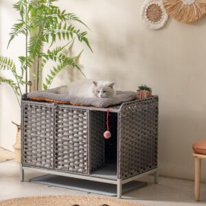 SETVSON Cat Litter Box Enclosure Cat Litter Box Furniture with Divider, Rattan Litter Box Enclosure with Cat Litter Mat, 31.2×19.6×24.2 Inches Hidden Cat Litter Box Cat House for Living Room (Gray)