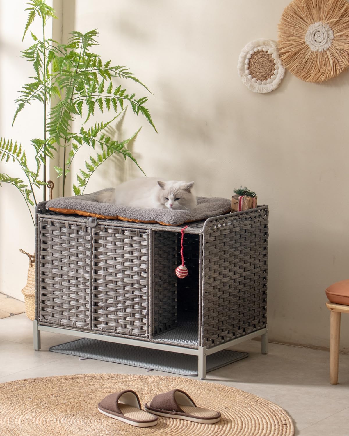 SETVSON Cat Litter Box Enclosure Cat Litter Box Furniture with Divider, Rattan Litter Box Enclosure with Cat Litter Mat, 31.2×19.6×24.2 Inches Hidden Cat Litter Box Cat House for Living Room (Gray)