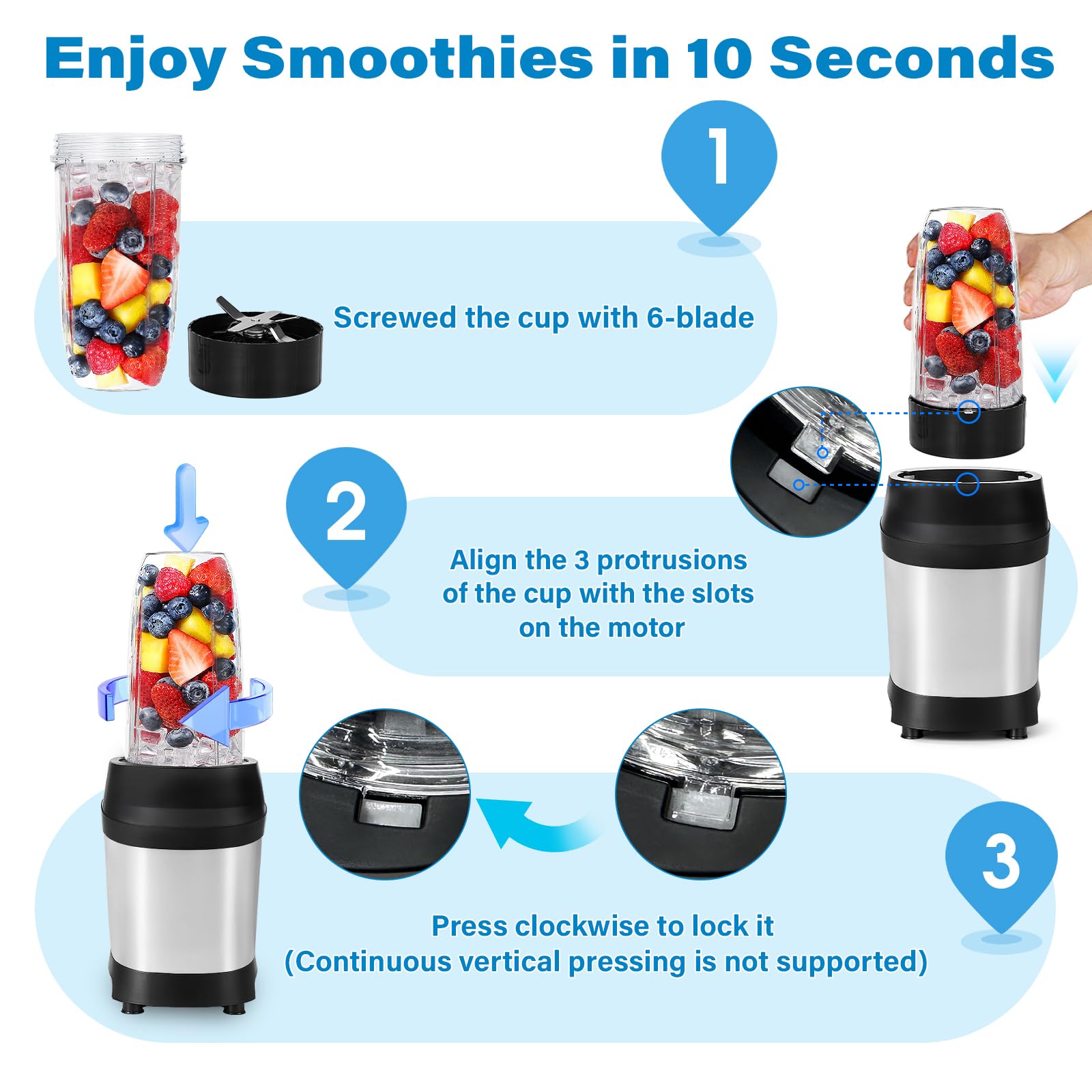 Prolixity 1200w Smoothie Blender - Personal Blender for Frozen Fruit & Ice Crush with 2 Sharp 6-Fin Blades, Portable Smoothie Blenders with 14oz, 24oz, 29oz Easy Go Cups for Nutritious Juices,Silver