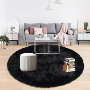 Black Fluffy Round Rug,Soft Area Rugs for Girls Room, Shaggy Rugs 4'X4' for Living Room,Non Slip Circle Rug for Kids Bedroom,Shag Plush Nursery Rug,Fuzzy Plush Rug for Dorm,Cute Furry Room Decor Rug