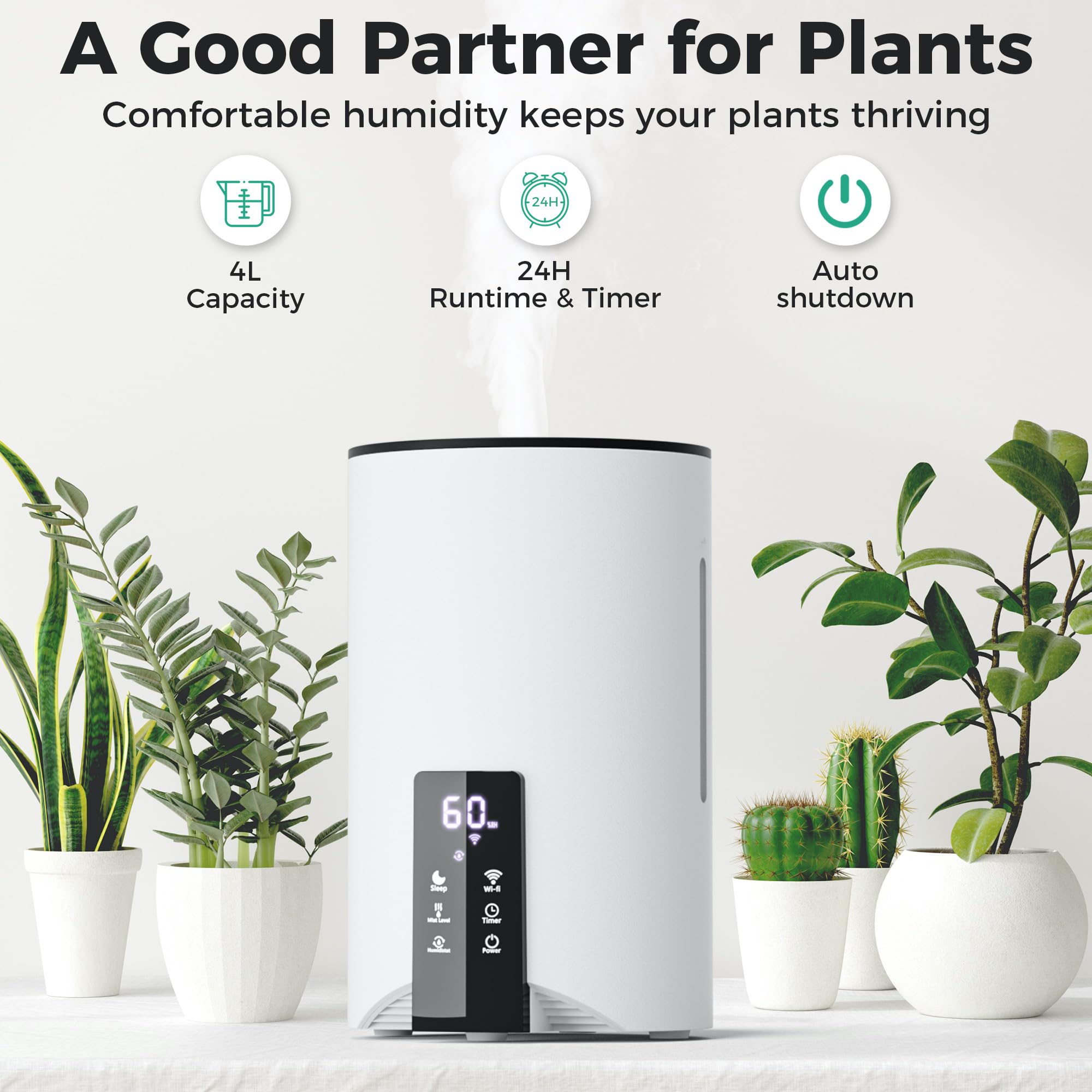 Humidifiers for Bedroom Large Room Home, 4L Cool Mist Humidifier for Smart App & Voice Control, Fill Essential Oil Diffuser for Baby and Plants, Quiet Ultrasonic Humidifier with 360° Nozzles, A-White