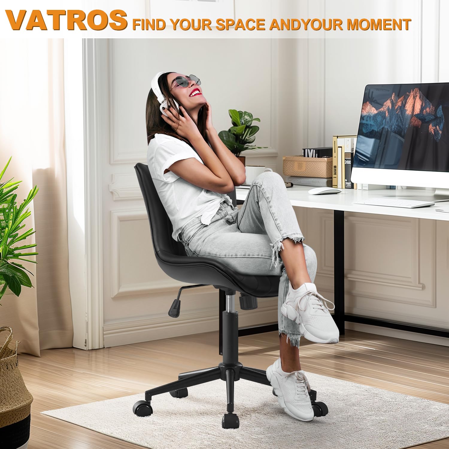 VATROS Office Chair, Armless Desk Chair with Wheels, Ergonomic Comfy Home Office Computer Task Chairs,Faux Leather Padded Cute Vanity Chair, Adjustable Height Swivel Rocking Chair with Back,Black