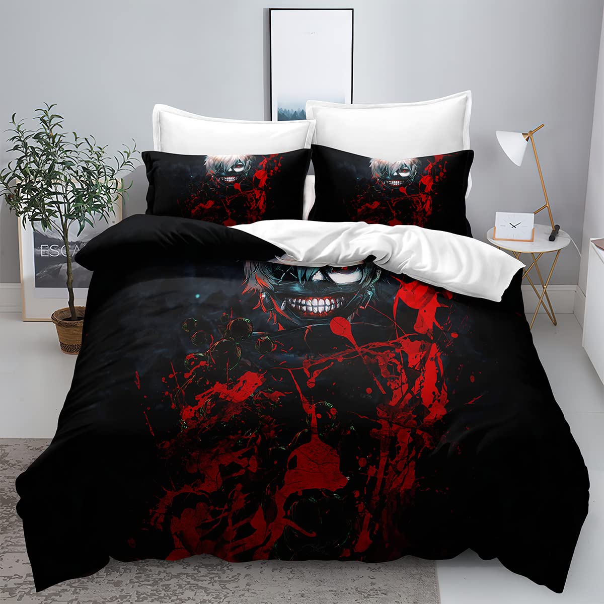 VIGSNTEP 3D Anime Tokyo Duvet Covers, Soft Ghoul Microfiber Washed Kaneki Ken Duvet Cover Set 3 Pieces with Zipper Closure,Beding Set Full