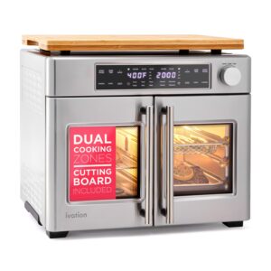 dual zone air fryer french door oven - 32 qt convection toaster combo - 10-in-1 multifunction up to 450° - 1800w - temperature control, timer - stainless steel – dehydrate, broil, bake, roast, ferment