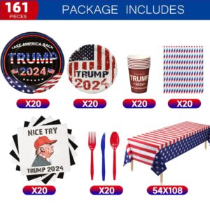 162CT President Trump 2024 Party Supplies Paper Plates Cups Straw Napkins Spoon Fork knives Tablecloth,Take America Back Disposable Party Plates for President Trump Party Decorations Serves 20 Guests