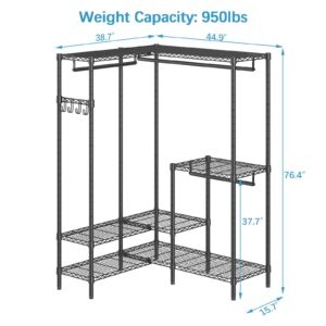 VIPEK L3 Clothing Rack, L Shaped Heavy Duty Garment Rack for Hanging Clothes, Corner Clothes Rack, Freestanding Closet System with Adjustable Shelves & Hang Rods & Side Hooks, Max Load 950lbs, Black