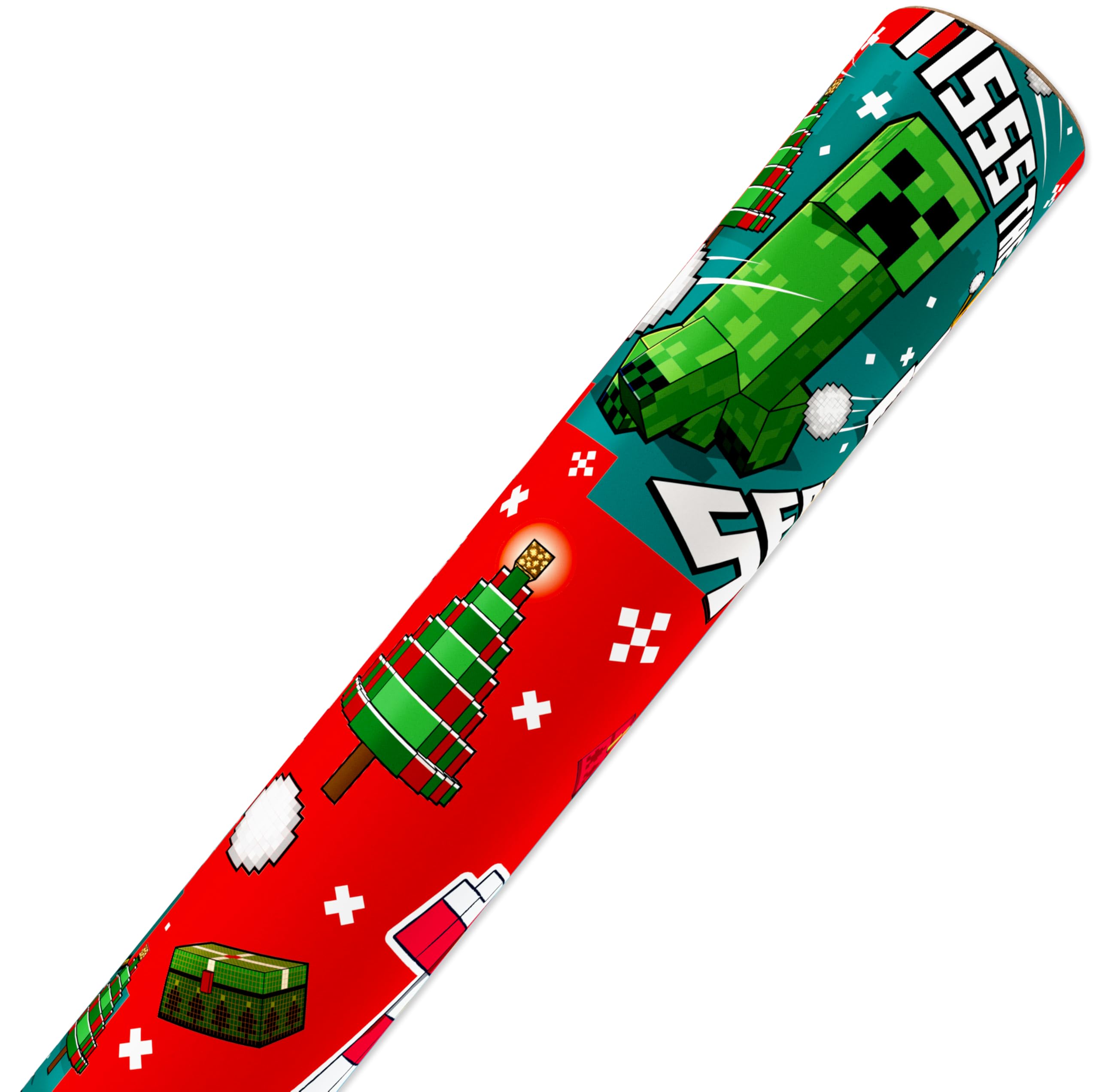 American Greetings Reversible Christmas Wrapping Paper for Kids, Minecraft and Polka Dots (1 Roll, 75 sq. ft.)