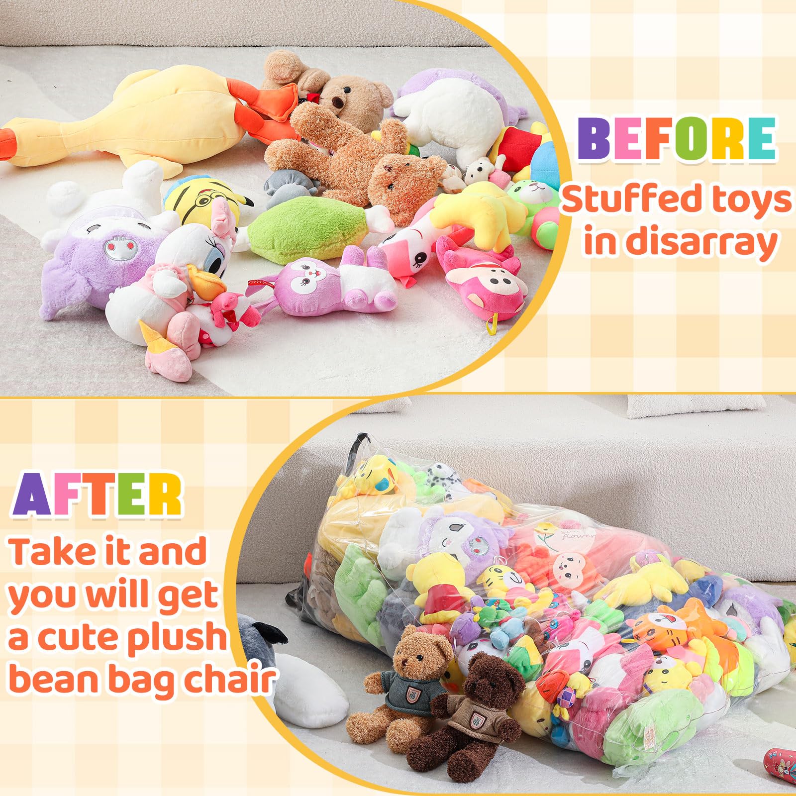 DoubleFill Clear Stuffed Animal Bean Bag Chair Sofa Cover for Kids Creative Waterproof PVC Soft Plush Toys Storage 50 x 35 x 30 inches Large Transparent Organizer for Toddler Children Rooms Cover Only