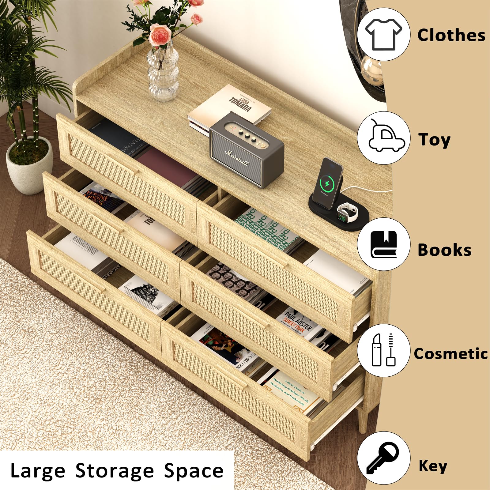 CollaredEagle 6 Drawer Rattan Dresser for Bedroom, Wooden Dresser Chest of Drawers with Power Outlets, Storage Organizer for Closet, Beside Table for Living Room, Entryway