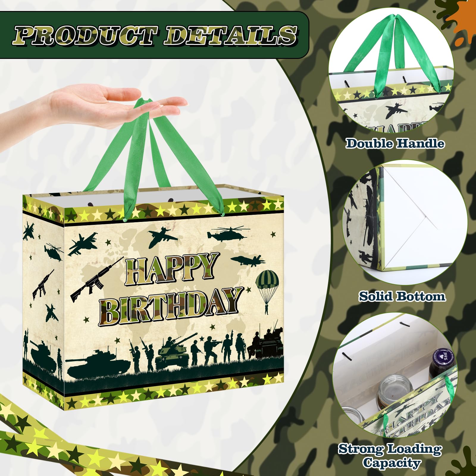 Camouflage Birthday Gift Bag Army Party Supplies Gift Bag with Wrapping Paper and Card Large Camouflage Christmas Birthday Party Wrapping Paper Bag with Handle Army Camo Party Decorations for Boy Girl