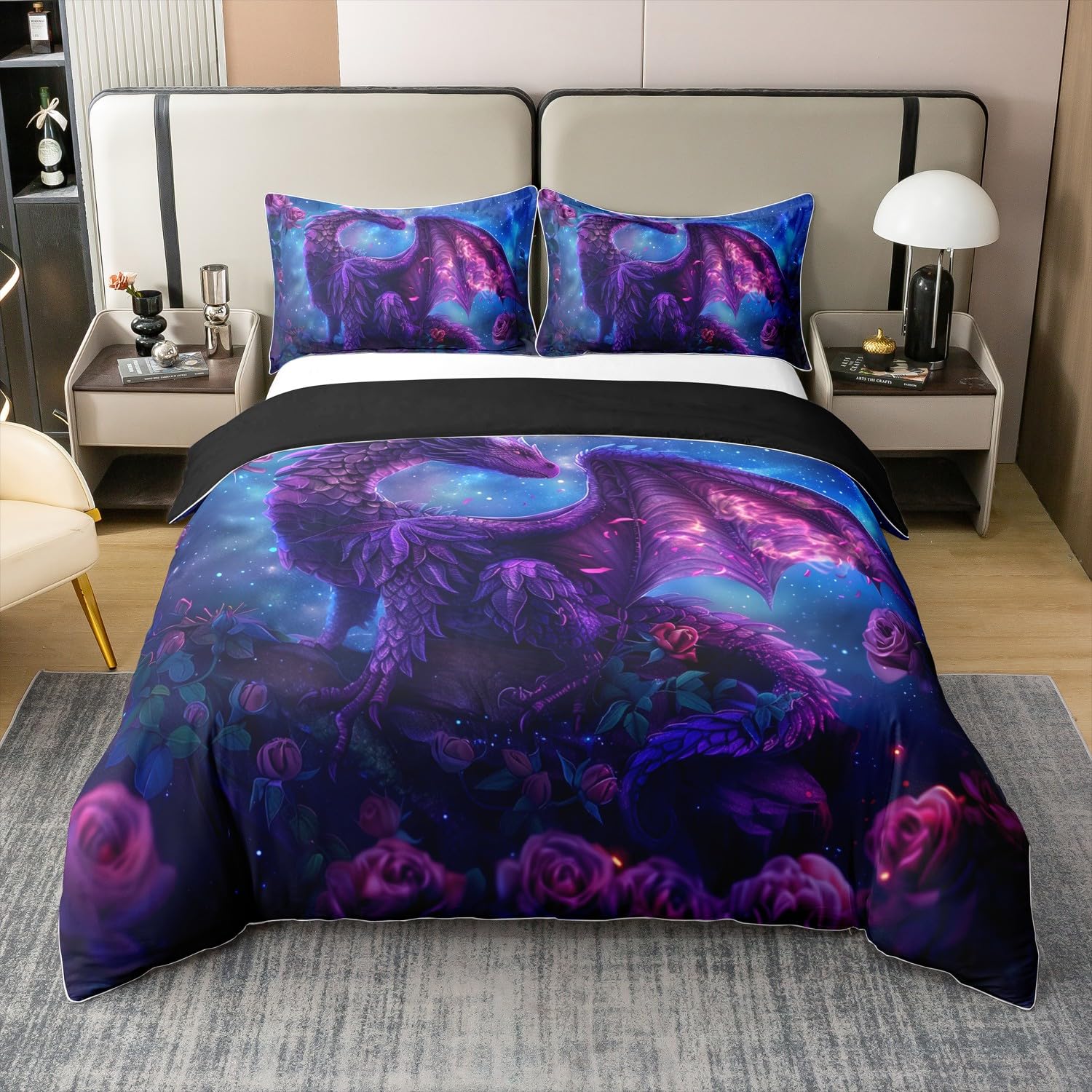 Erosebridal 100% Cotton 3D Dragon Duvet Cover Twin Size, Animals Starry Sky Printed Comforter Cover, Flowers Safari Bedroom Decor Bedding Set for Bed, Purple Blue Wildlife Kids Boys Quilt Cover