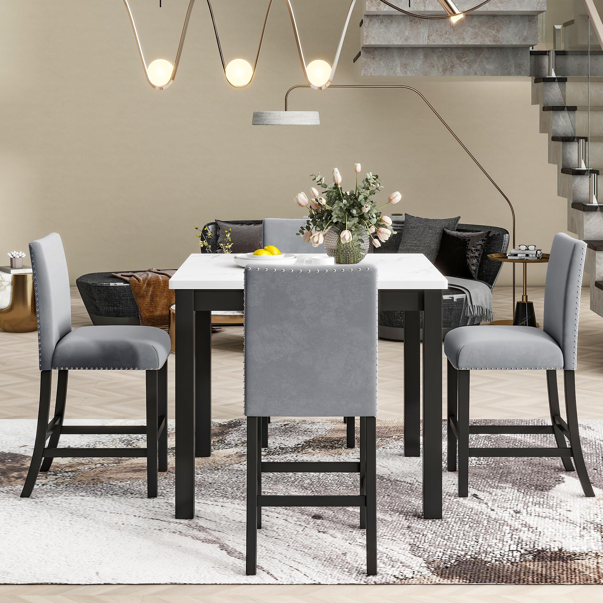 Counter Height Dining Table Set for 4, Farmhouse Kitchen Table Set with Faux Marble Tabletop and 4 Upholstered Chairs, Wooden Table and Chairs Set for Kitchen, Dining Room, Small Space, Grey