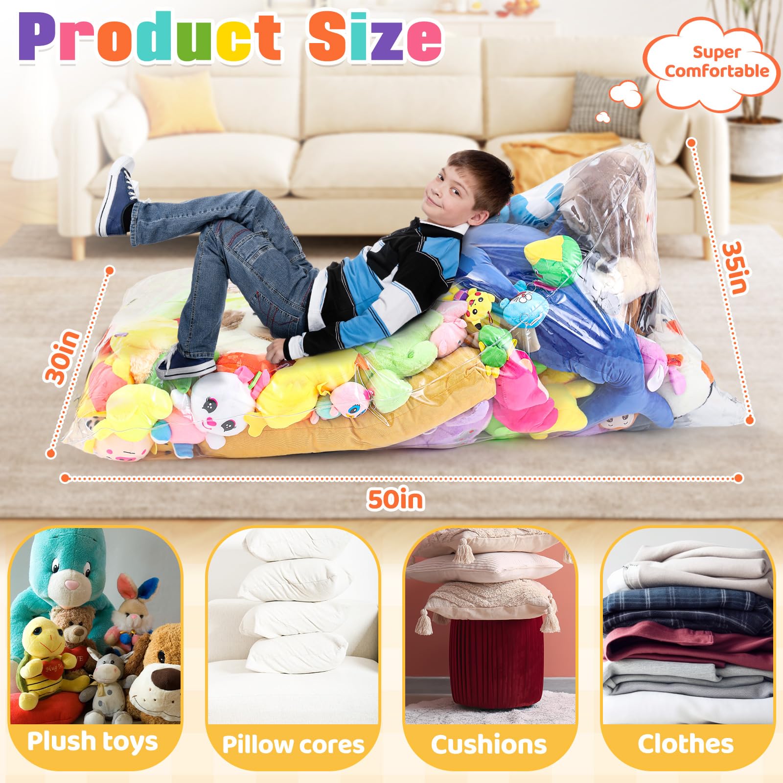 DoubleFill Clear Stuffed Animal Bean Bag Chair Sofa Cover for Kids Creative Waterproof PVC Soft Plush Toys Storage 50 x 35 x 30 inches Large Transparent Organizer for Toddler Children Rooms Cover Only