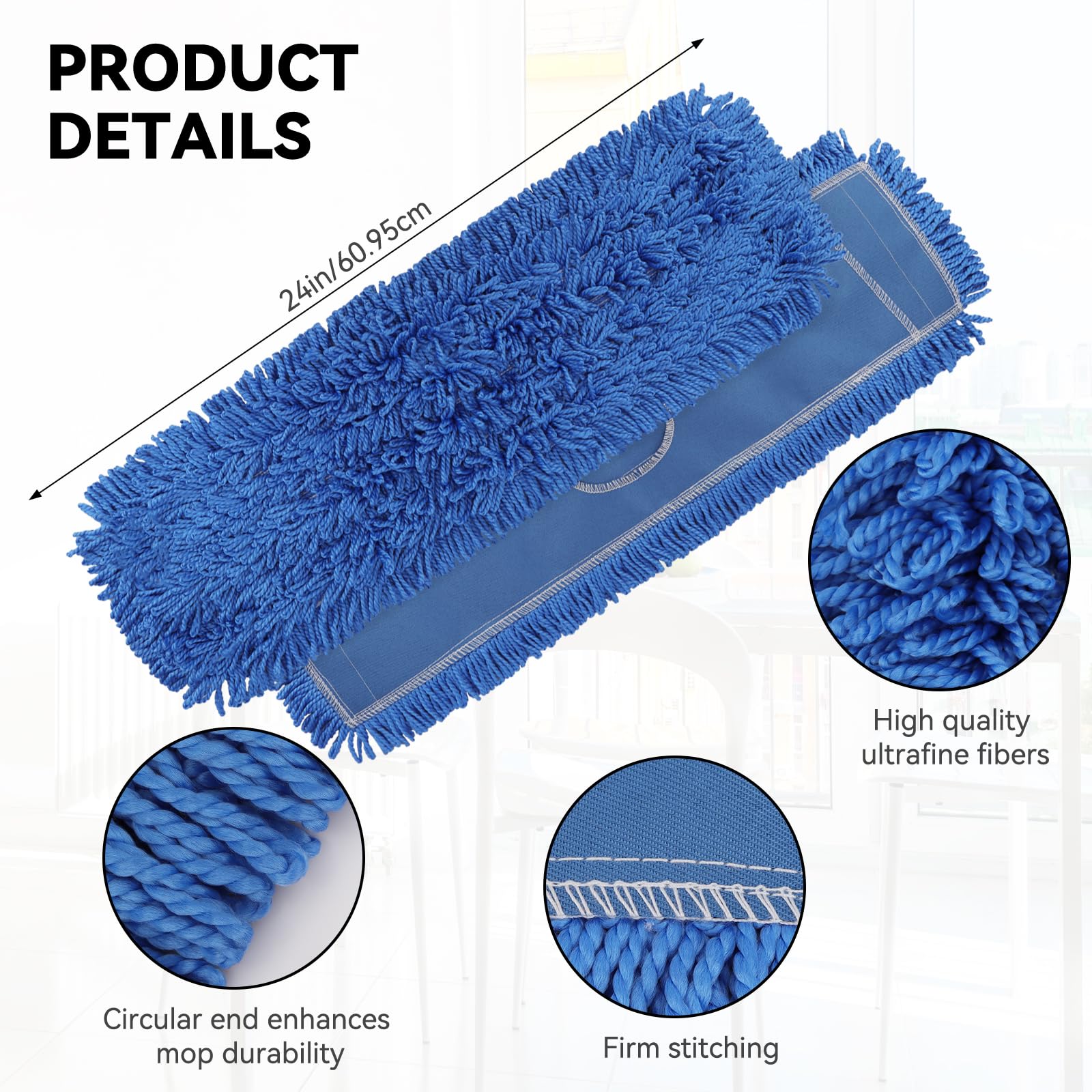 24 Inch Dust Mop Head: Replacement Medium Washable Commercial Mop Head - Sweeper and Janitorial Dust Mop Head Replacement Blue (Blue - 24 Inch, 3 Pack)