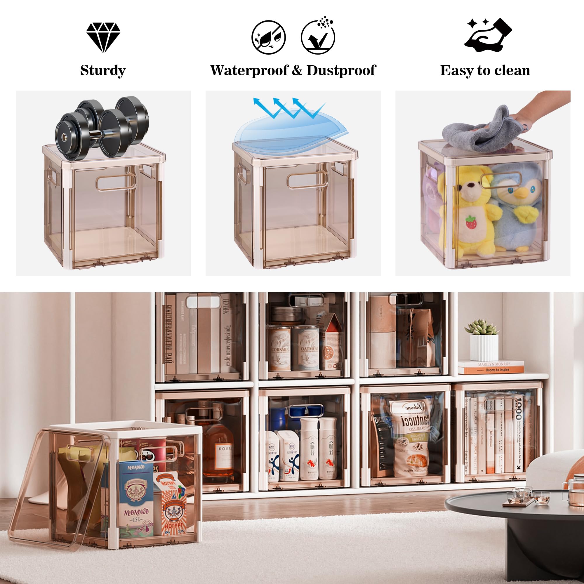 Okylvve Cube Storage Organizer 2 Pack - Plastic Storage Bins with Lids, Cubby Collapsible & Stackable Storage Bins Square Clear Organization Bin for Clothing Toy Snacks,10.5in*10.5in