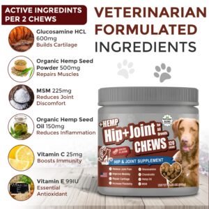 Maggie & ME Dog Pain Relief Hip and Joint Supplements | Glucosamine for Dogs 600mg | Organic Hemp Seed Powder/Oil 650mg | Chondroitin, MSM, Turmeric, Vitamins C & E+ | 120 Bacon Mobility Supplements