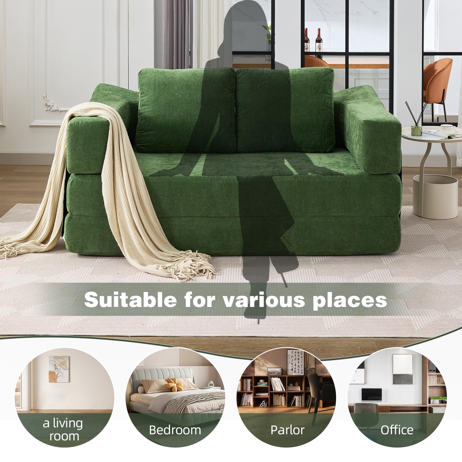 Modern Minimalist Sofa, Folding Sofa Bed, Convertible Sofa Floor Sofa Bed Lazy Sofa, Removable Back, Suitable for Living Room Bedroom Apartment Small Space (Green)