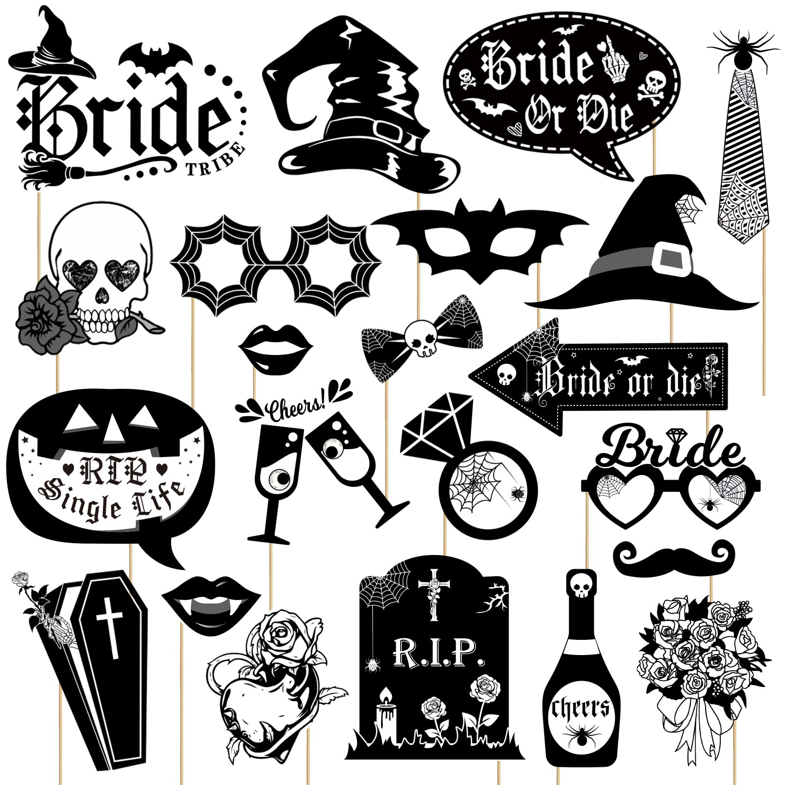 22 PCS Bride Or Die Photo Booth Props- Gothic Bachelorette Decorations for Women Girls, Bridal Shower Engagement Wedding Decorations Rip Single Life for Till Death Do Us Party Supplies