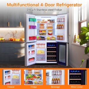 GarveeHome 21 Cu.Ft French Door Refrigerator, 4 Door Counter Depth Stainless Steel Refrigerators, Multifunctional Fridges with Freezer, Refresh, and Wine Cooler for Kitchen, Bedroom, Office, Dorm