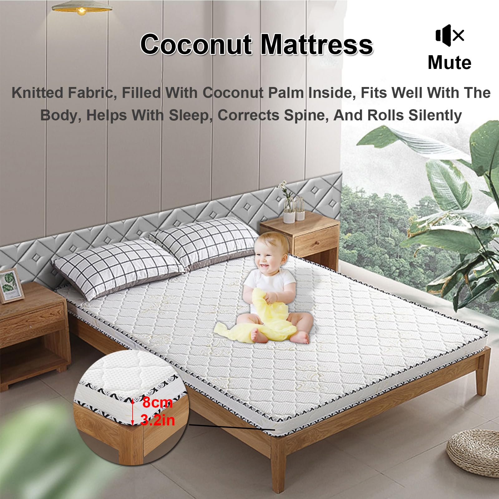 Coconut Mattress Queen, 3E Coir Firm Mattress Protect Spine Deep Sleep, 3.2in Thickening Foldable Mattress for People Who Like Extra Hard Mattress