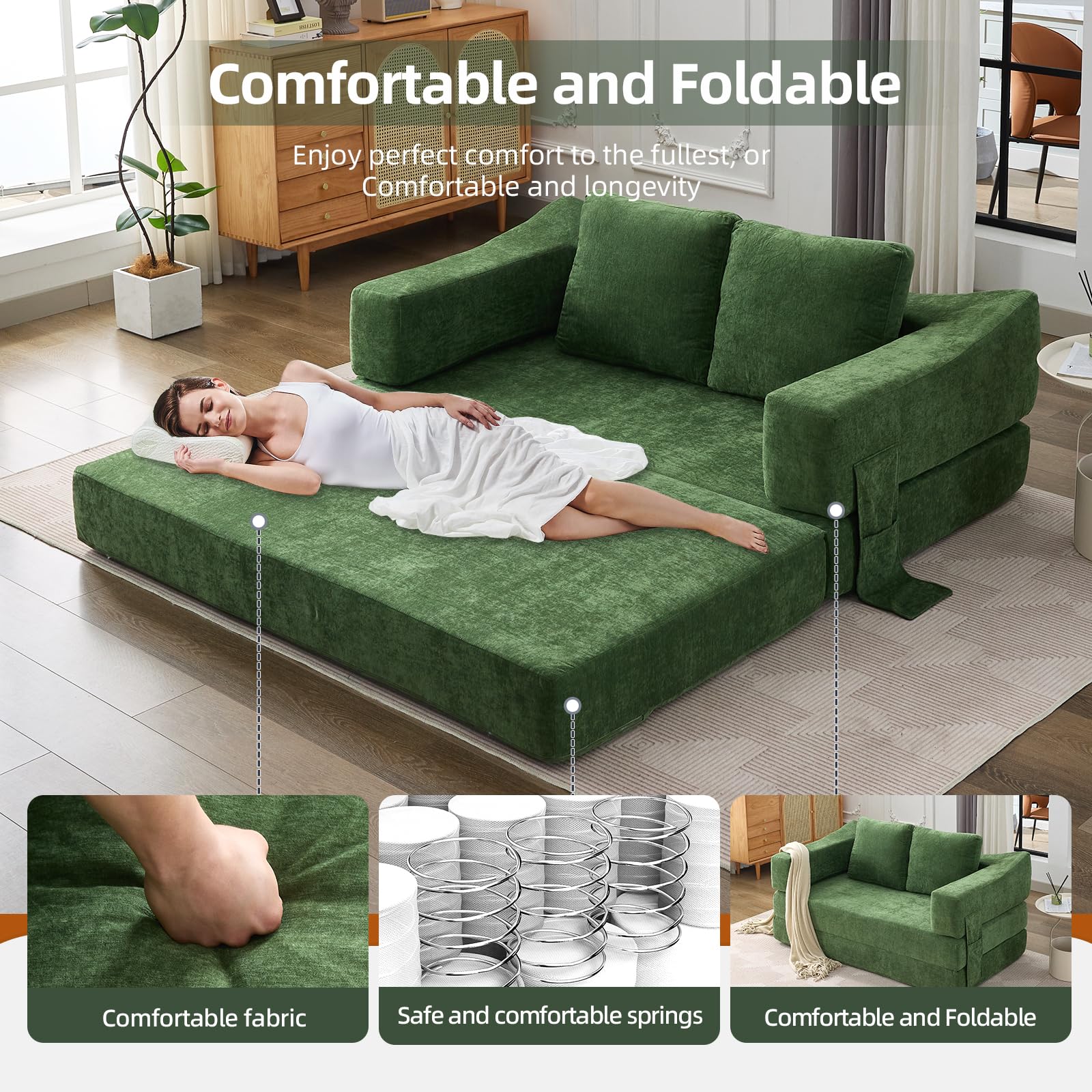 Modern Minimalist Sofa, Folding Sofa Bed, Convertible Sofa Floor Sofa Bed Lazy Sofa, Removable Back, Suitable for Living Room Bedroom Apartment Small Space (Green)