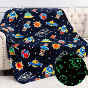 space toys gifts for boys girls - glow in the dark galaxy blanket christmas birthday valentine's day easter present for kids age 1 2 3 4 5 6 7 8 9 10 year old child star planet spaceship throw 50"x60"