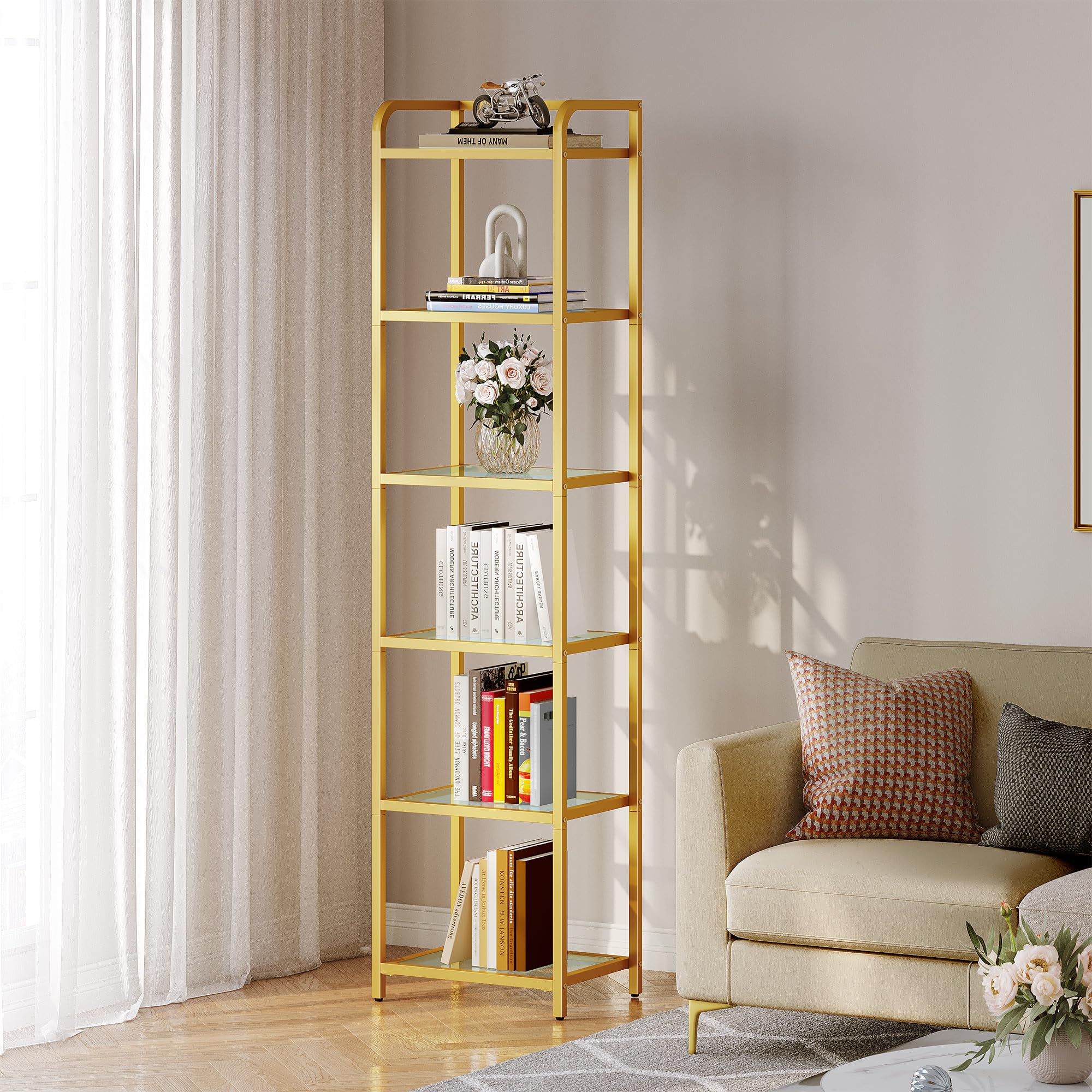 YITAHOME 6-Tier Bookshelf, Tempered Glass Bookshelf, Slim Shelving Unit for Bedroom, Bathroom, Home Office, Steel Frame, Gold