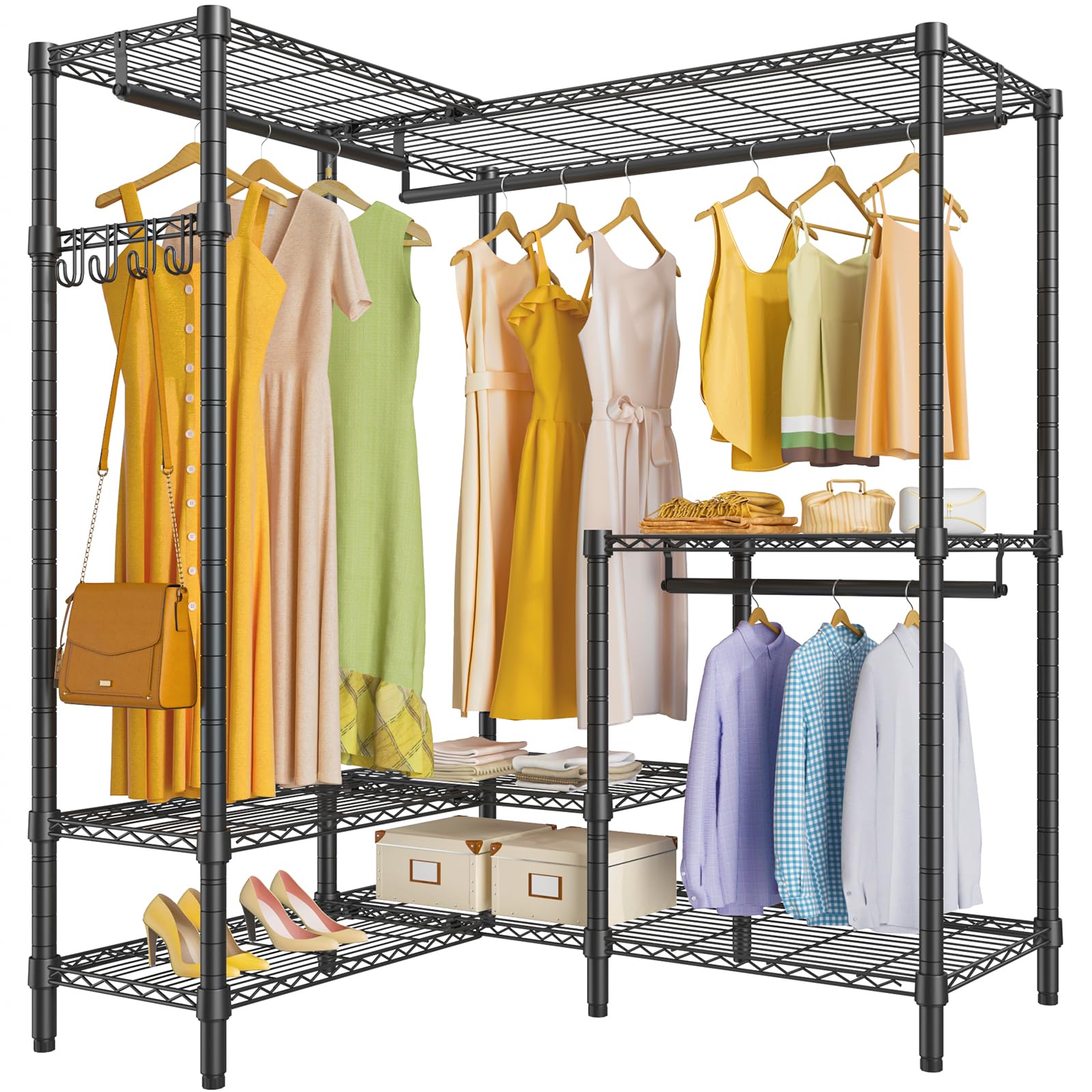 VIPEK L3 Clothing Rack, L Shaped Heavy Duty Garment Rack for Hanging Clothes, Corner Clothes Rack, Freestanding Closet System with Adjustable Shelves & Hang Rods & Side Hooks, Max Load 950lbs, Black