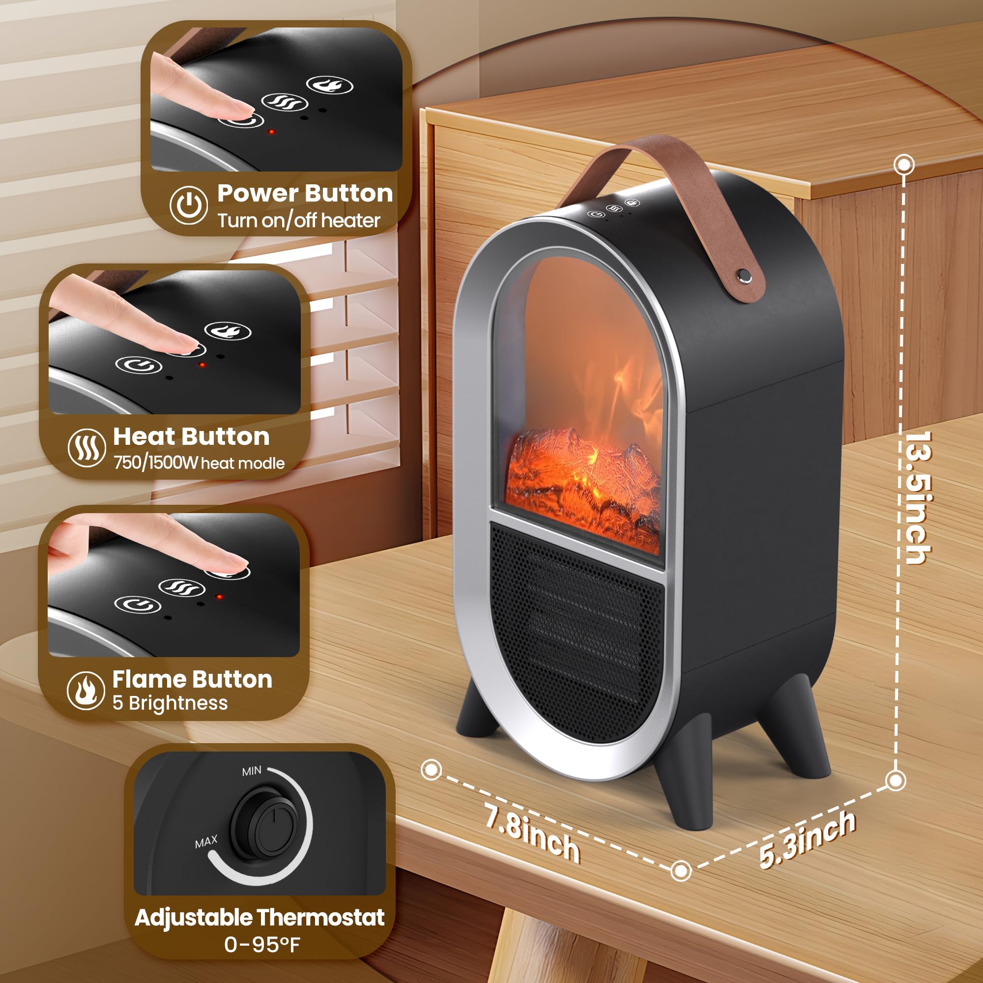 Riseon Small Space Heater for Indoor Use, 1500W/750W Portable Electric Fireplace Heater with 3D Flame, Ceramic Heater Fan with Thermostat Overheat & Tipover Protection for Home Office Room Desk, Black