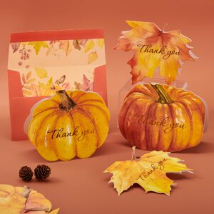 Crisky 25 Autumn Pumpkin Maple Leaves Thank You Cards with Envelopes Fall Thanksgiving Blank Greeting Cards for Thanksgiving Autumn Holiday Baby Shower Party Supplies