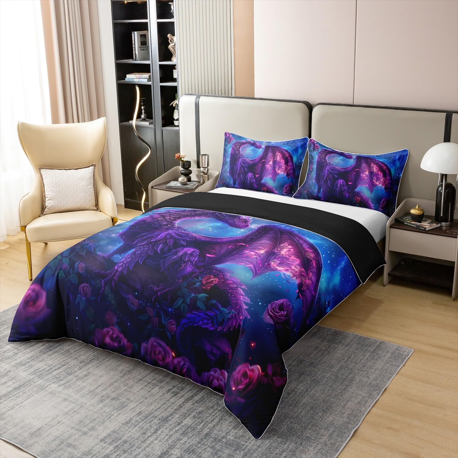 Erosebridal 100% Cotton 3D Dragon Duvet Cover Twin Size, Animals Starry Sky Printed Comforter Cover, Flowers Safari Bedroom Decor Bedding Set for Bed, Purple Blue Wildlife Kids Boys Quilt Cover