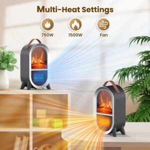 Riseon Small Space Heater for Indoor Use, 1500W/750W Portable Electric Fireplace Heater with 3D Flame, Ceramic Heater Fan with Thermostat Overheat & Tipover Protection for Home Office Room Desk, Black