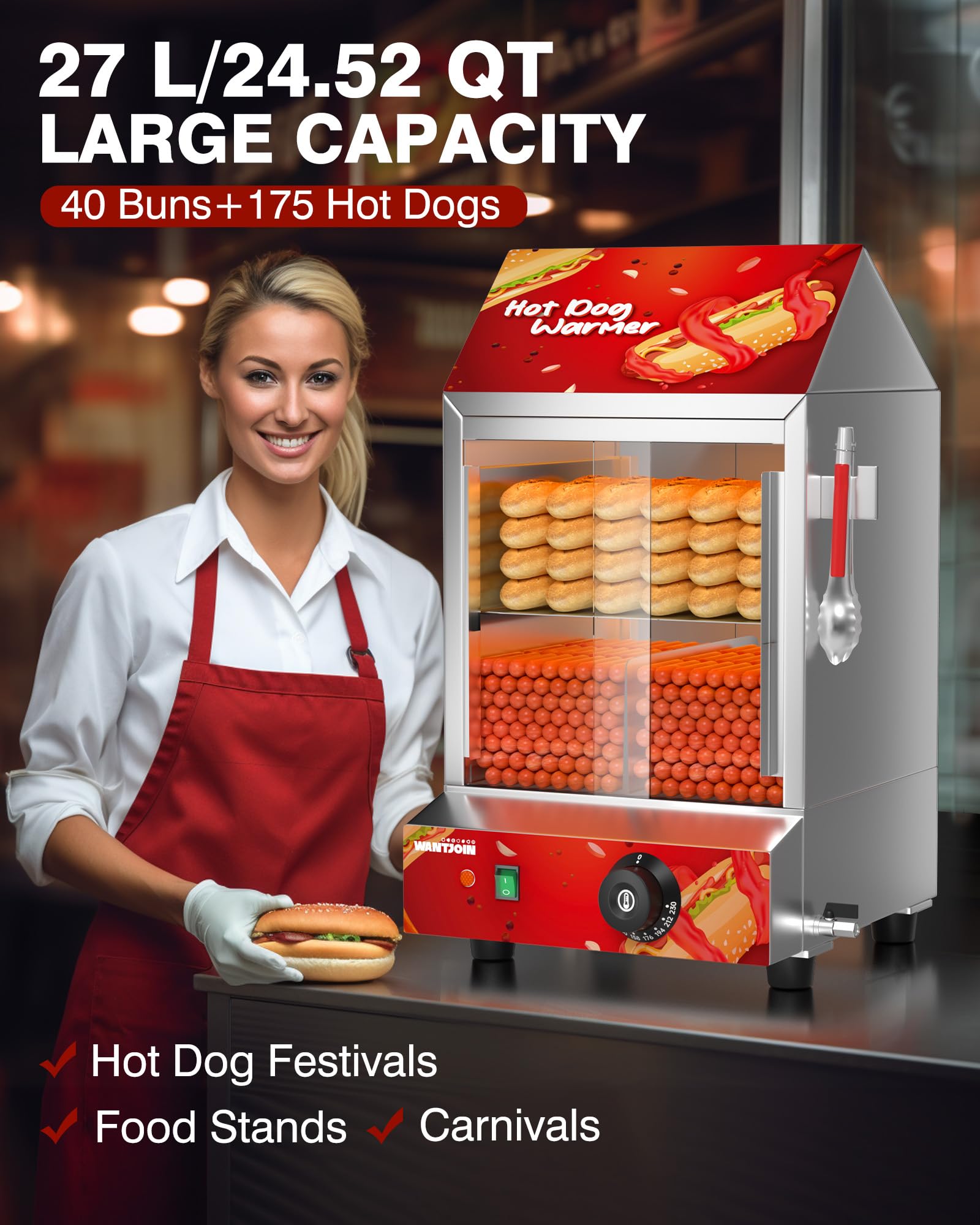 WantJoin Hot Dog Steamer - 2 Tiers Electric Hot Dog Steamer with Bun Warmer 27 L/24.52 QT, Visuable Glass Slide Doors Suit for 175 Hot Dogs and 40 Buns