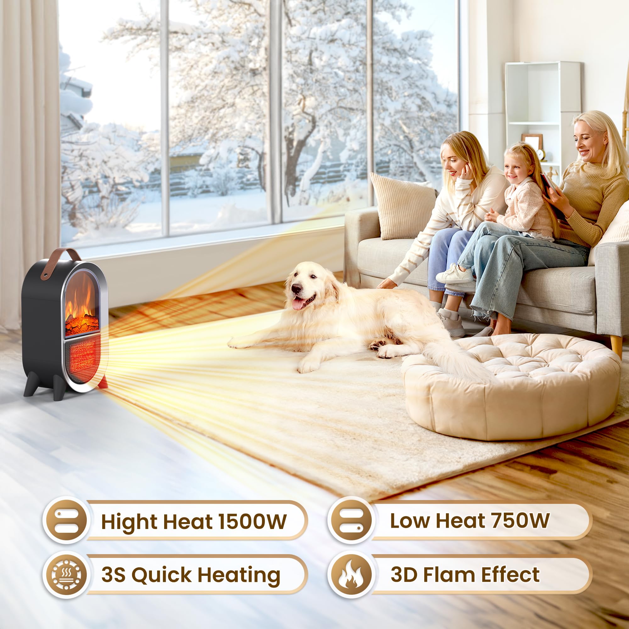 Riseon Small Space Heater for Indoor Use, 1500W/750W Portable Electric Fireplace Heater with 3D Flame, Ceramic Heater Fan with Thermostat Overheat & Tipover Protection for Home Office Room Desk, Black