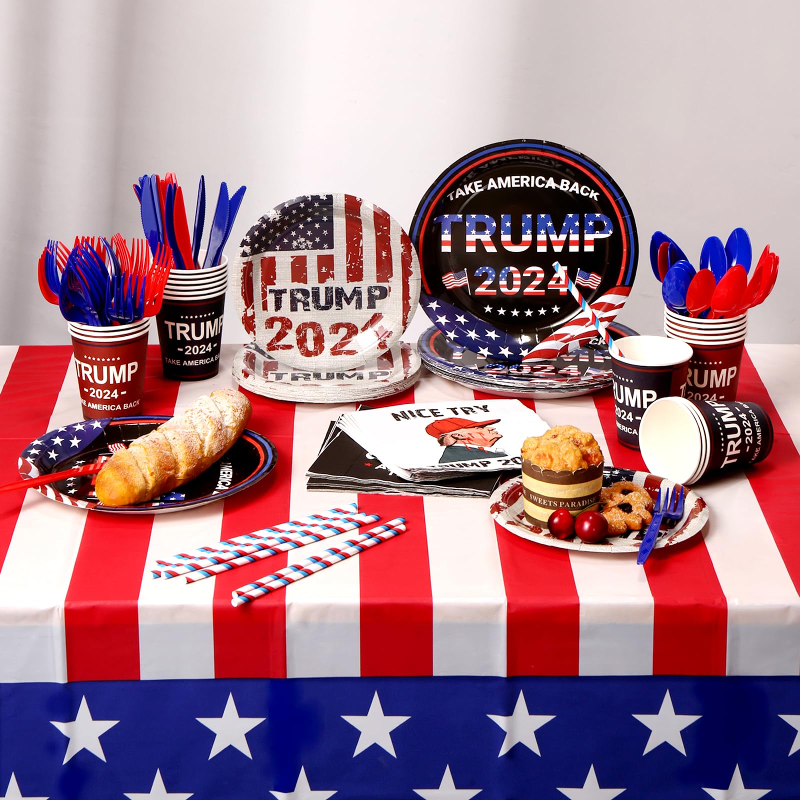 162CT President Trump 2024 Party Supplies Paper Plates Cups Straw Napkins Spoon Fork knives Tablecloth,Take America Back Disposable Party Plates for President Trump Party Decorations Serves 20 Guests