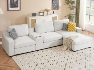 eluchang oversized sectional fabric sofa with console, 2 cup holders and storage space, large l shaped couch, sofa covers removable, 133.2 inch width, 4 seat modular sofa for living room, linen, ivory