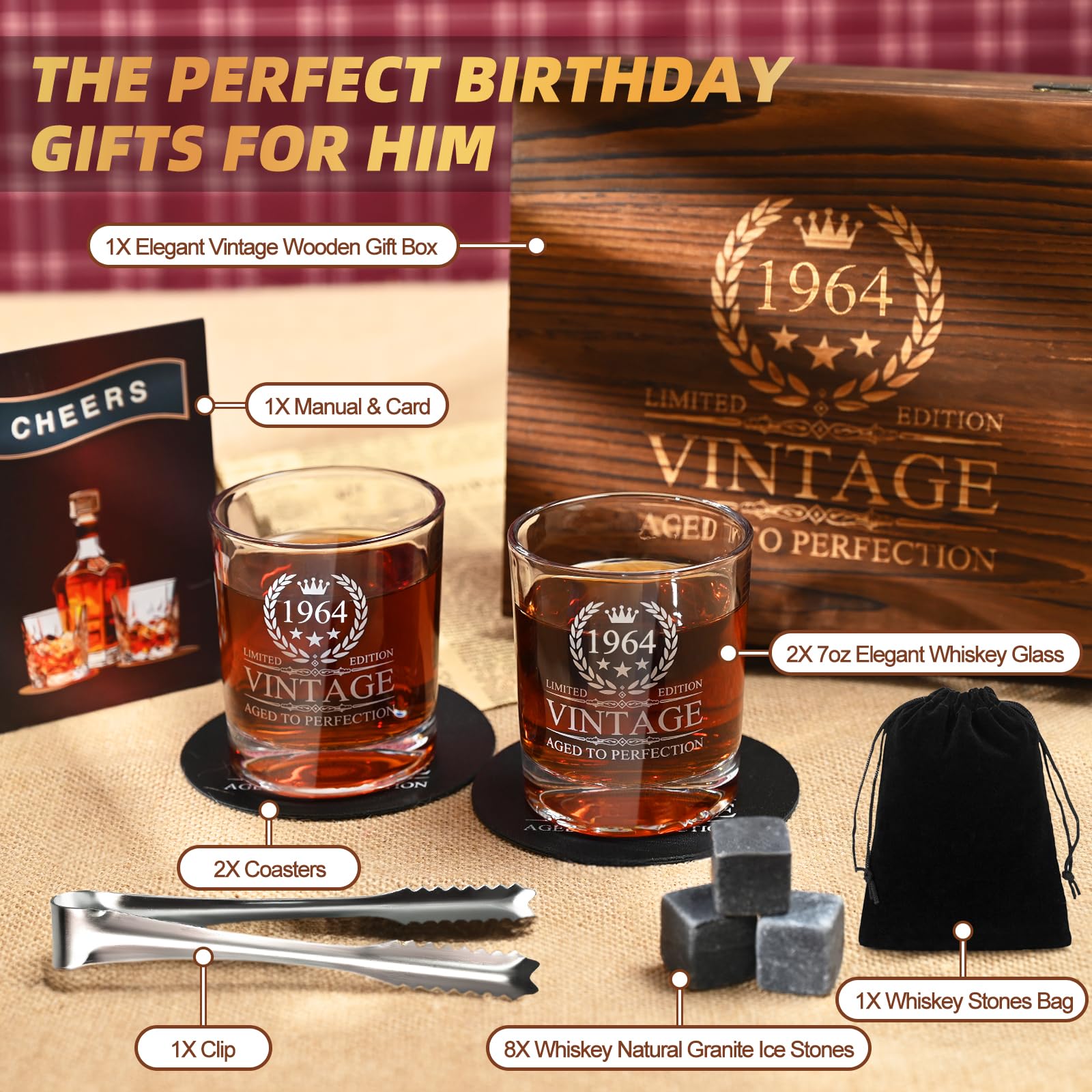 CozyState 60th Birthday Gifts for Men, 1964 Birthday Whiskey Gifts 60 Year Old Gift Ideas for Men Him, Dad, Husband, Friends