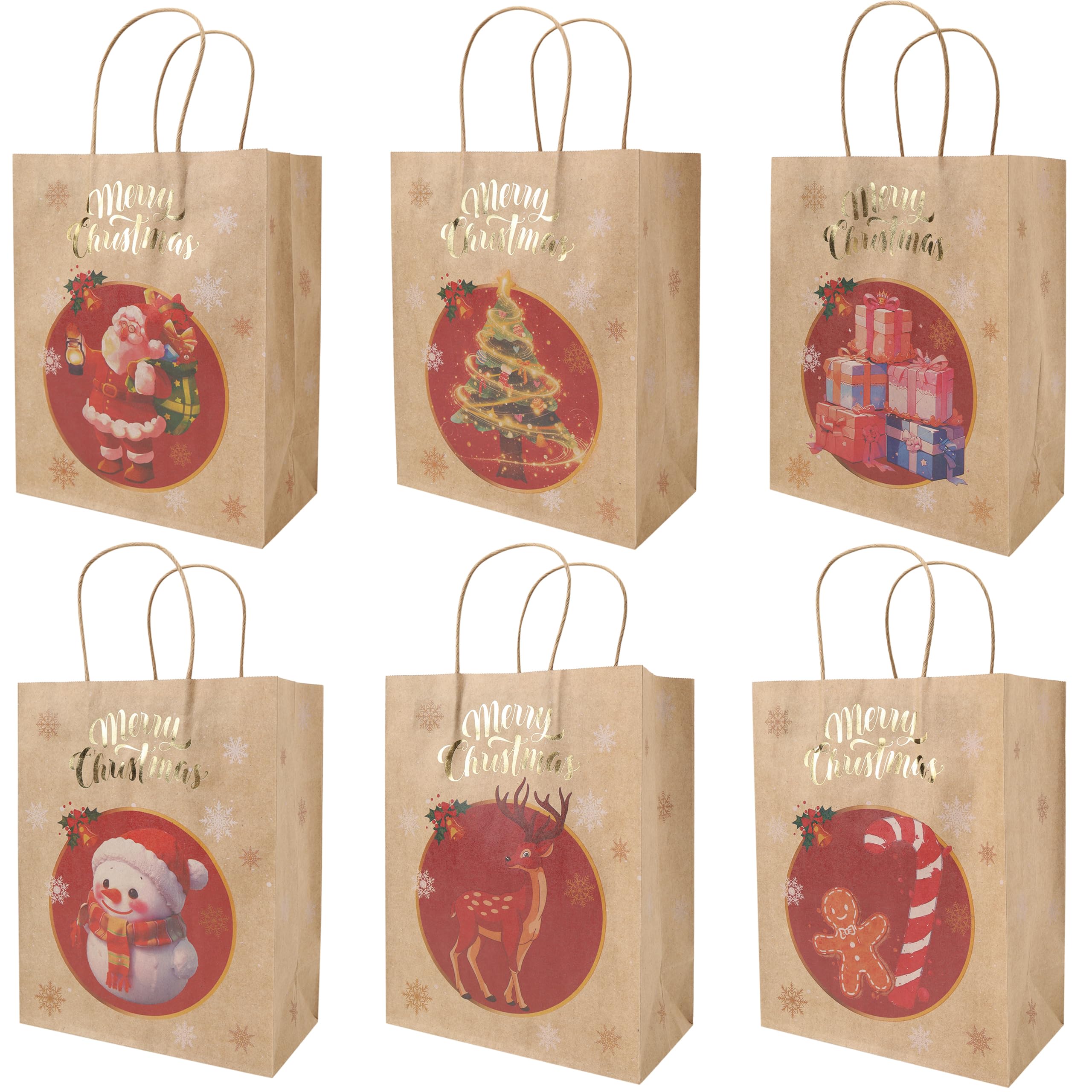 Qirrmiy 24-Pack 10.4” Medium Christmas Gift Bags with Handles, Kraft Brown with Santa Claus, Snowman, Gifts, Gingerbread man, Reindeer, Trees for Gifts, Decorations, Holiday Party, 24 Pcs