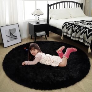 black fluffy round rug,soft area rugs for girls room, shaggy rugs 4'x4' for living room,non slip circle rug for kids bedroom,shag plush nursery rug,fuzzy plush rug for dorm,cute furry room decor rug