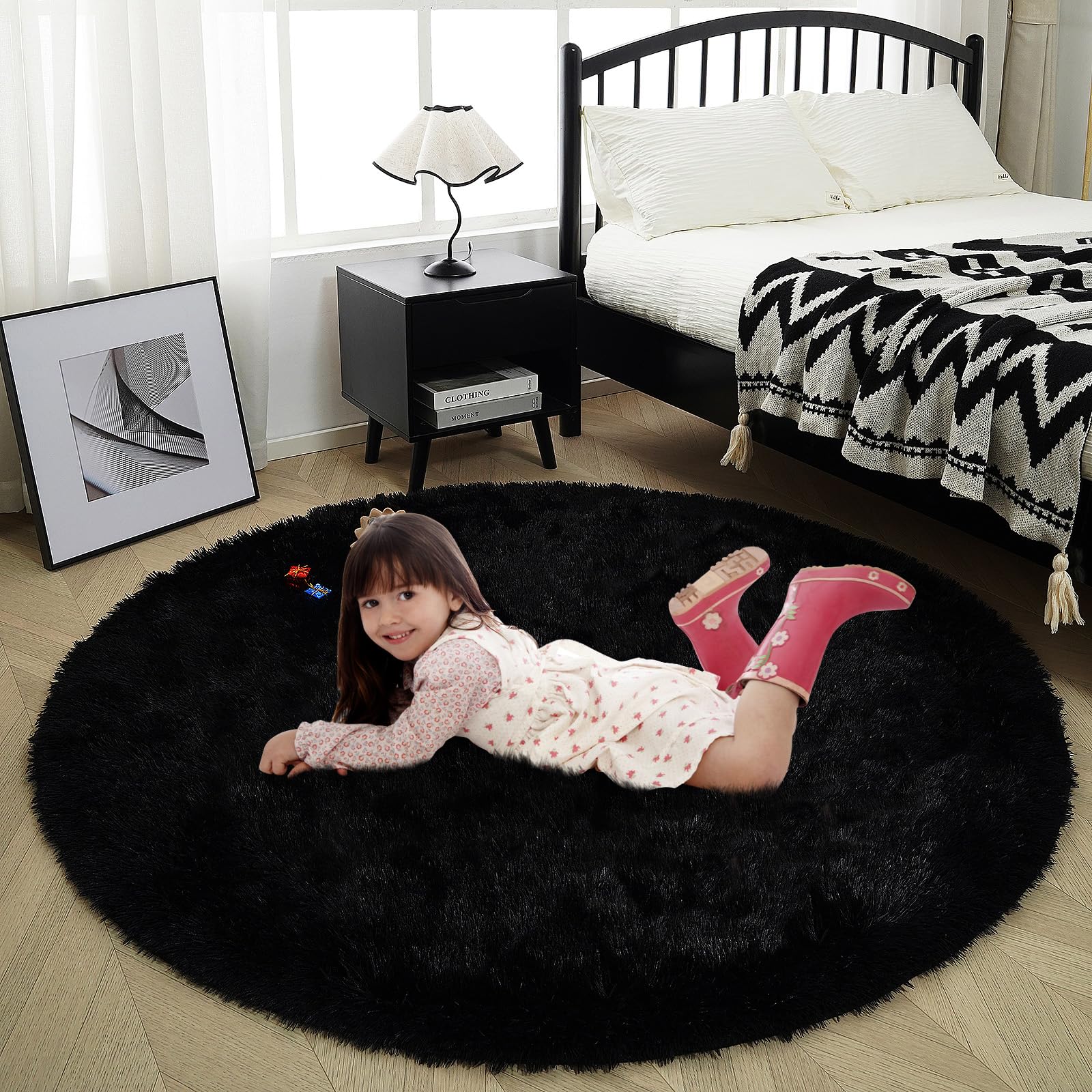 Black Fluffy Round Rug,Soft Area Rugs for Girls Room, Shaggy Rugs 4'X4' for Living Room,Non Slip Circle Rug for Kids Bedroom,Shag Plush Nursery Rug,Fuzzy Plush Rug for Dorm,Cute Furry Room Decor Rug