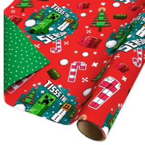 american greetings reversible christmas wrapping paper for kids, minecraft and polka dots (1 roll, 75 sq. ft.)