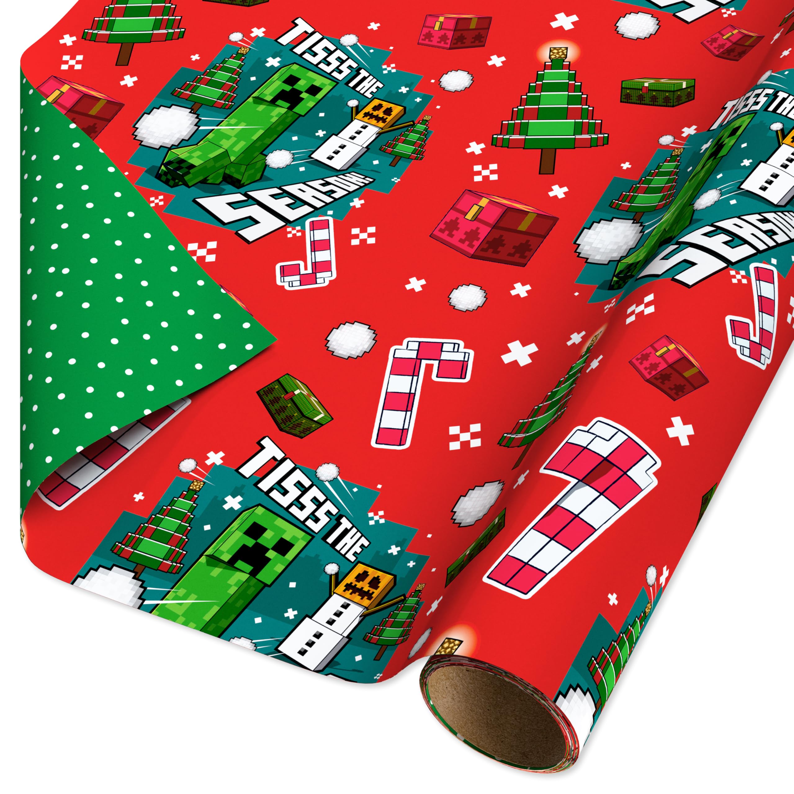 American Greetings Reversible Christmas Wrapping Paper for Kids, Minecraft and Polka Dots (1 Roll, 75 sq. ft.)