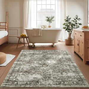 CAREMEE Washable Rug 5x7 Area Rugs for Living Room Bedroom, Vintage Non-Slip Print Distressed Thin Throw Rugs with Rubber Stain Resistant Low Pile Carpet for Kitchen Dining Room Foyer, Gray/Camel