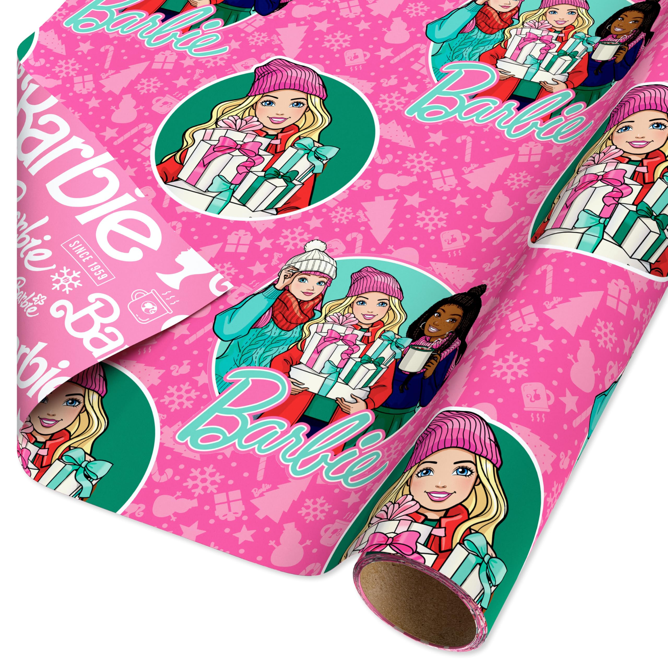 American Greetings Reversible Christmas Wrapping Paper for Kids, Barbie and Friends, Christmas Trees (1 Roll, 75 sq. ft.)